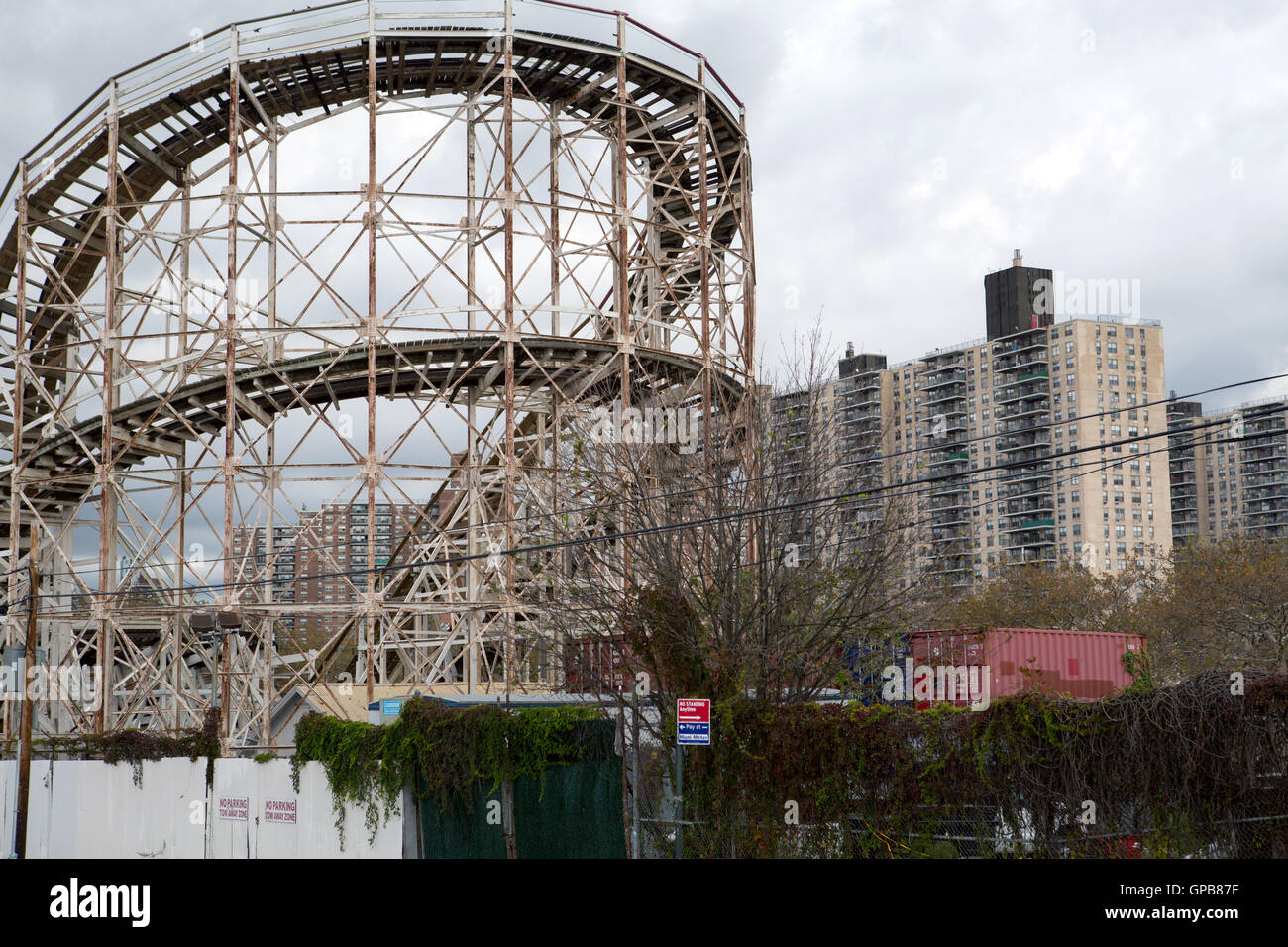Cyclone wooden roller coaster in the amusement park in the Coney Island ...