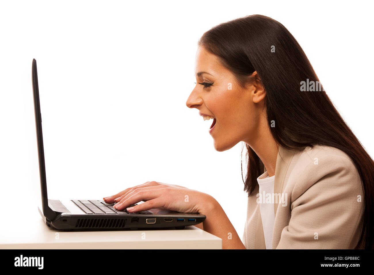 Excited woman computer home hi-res stock photography and images - Alamy