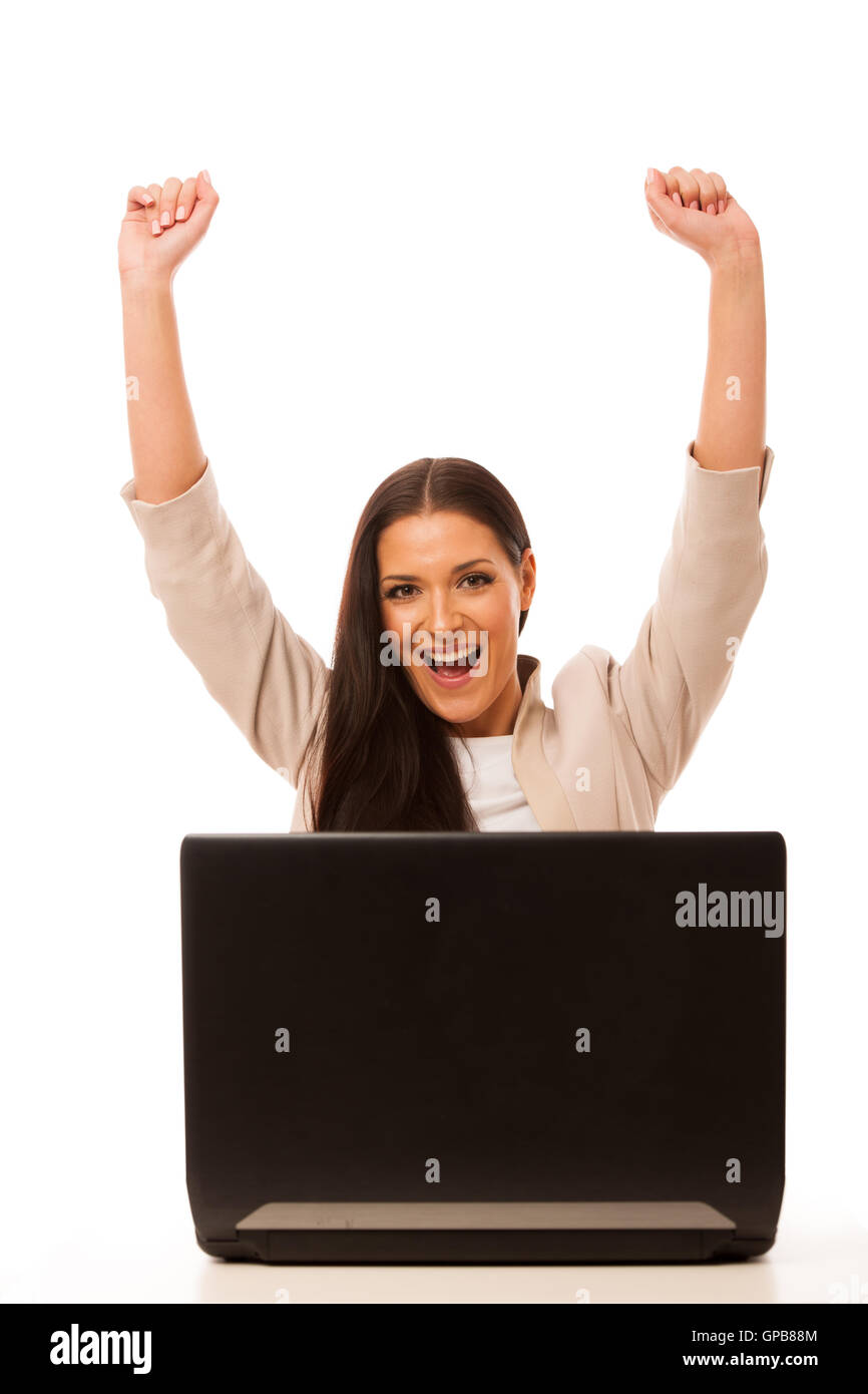 Excited woman computer home hi-res stock photography and images - Alamy