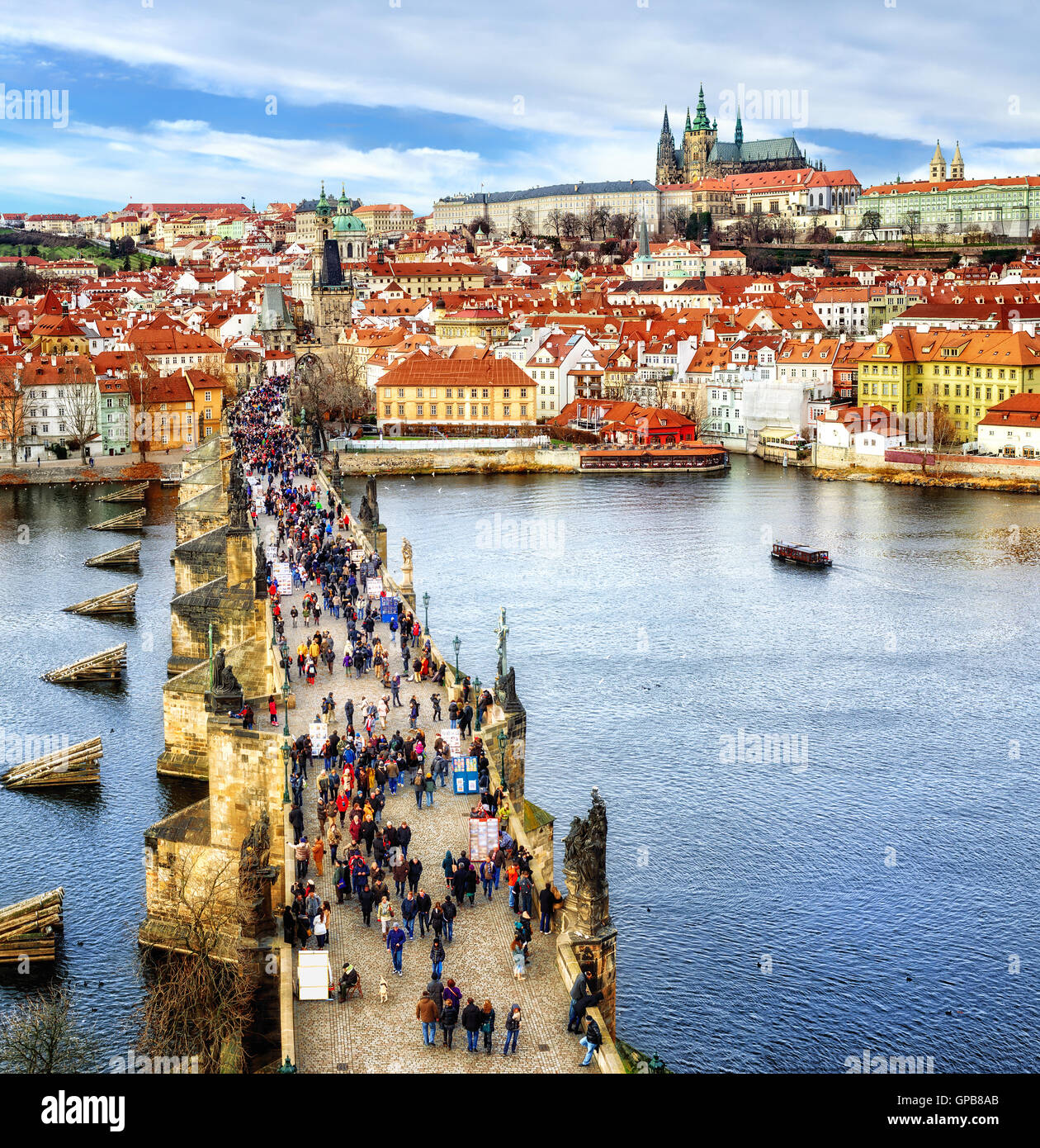 Panorama of Prague with the Castle, Charles Bridge, Vltava river and ...