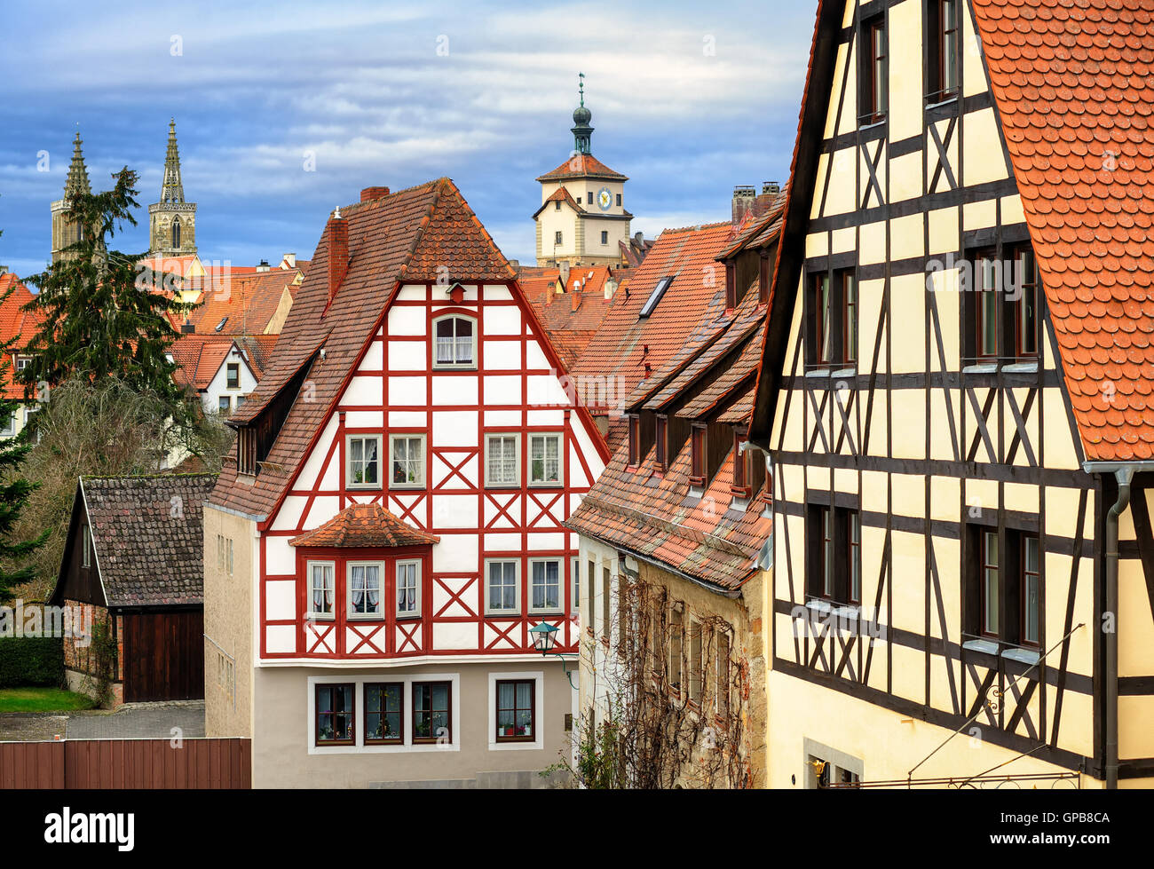 Traditional red tile roofs and half-timbered houses in Rothenburg ob ...