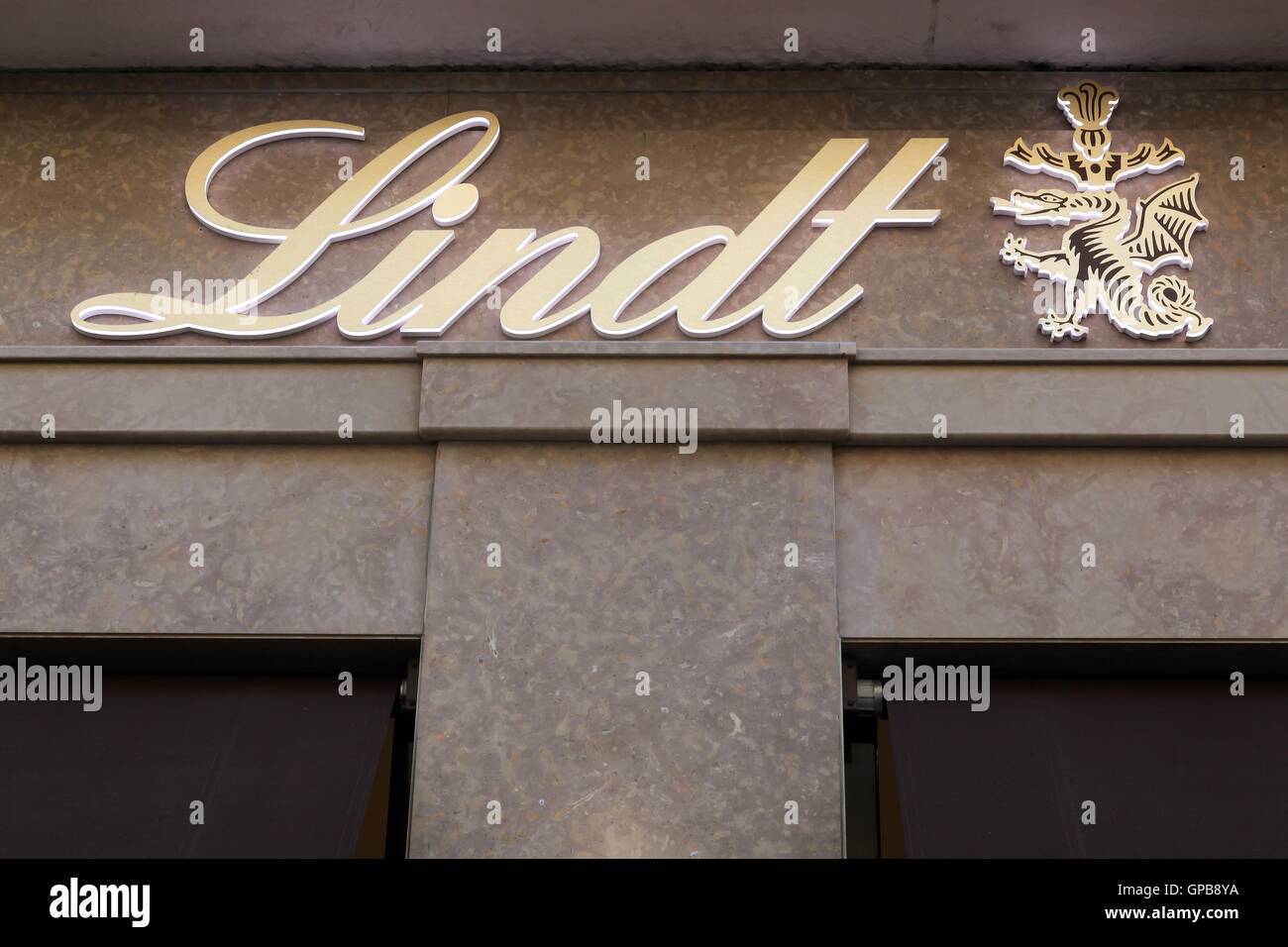 Lindt logo on a wall. Lindt is a Swiss chocolatier and confectionery ...