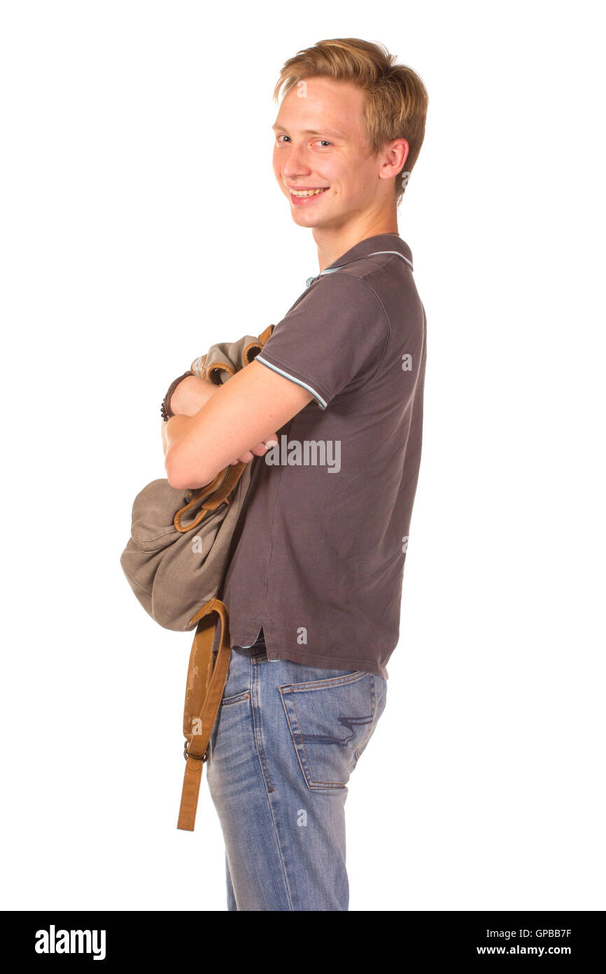 Young shocked student opening his backpack. Isolated on white ...