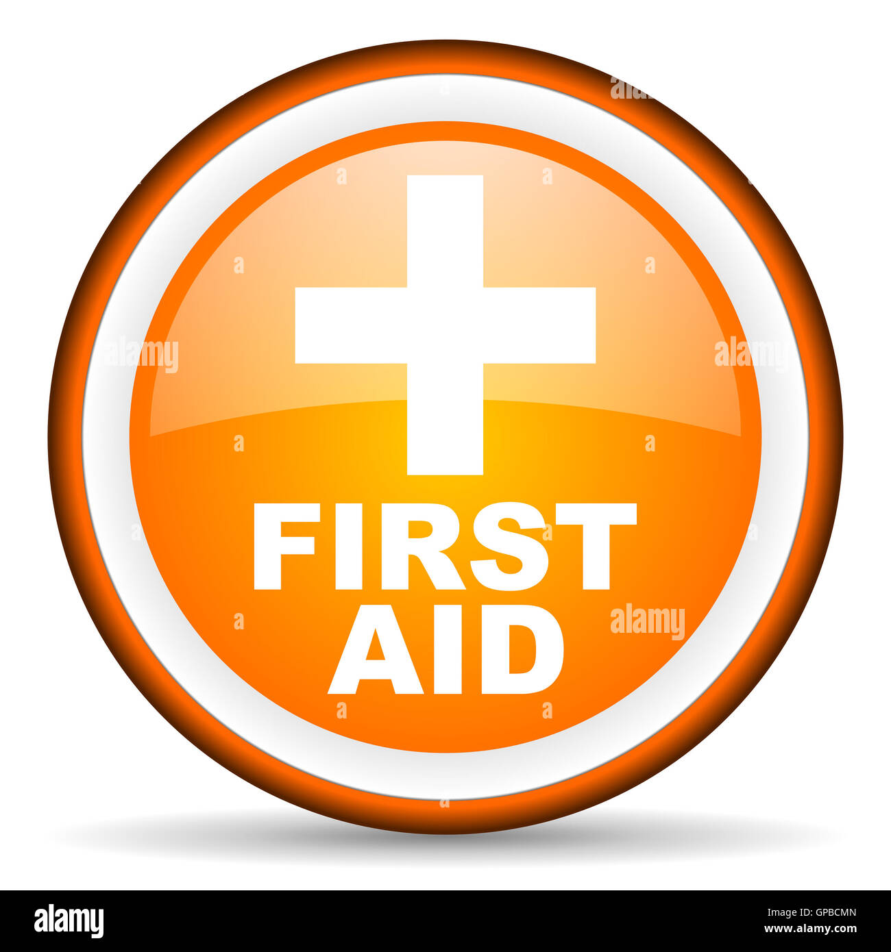 first aid orange glossy circle icon on white background Stock Photo - Alamy