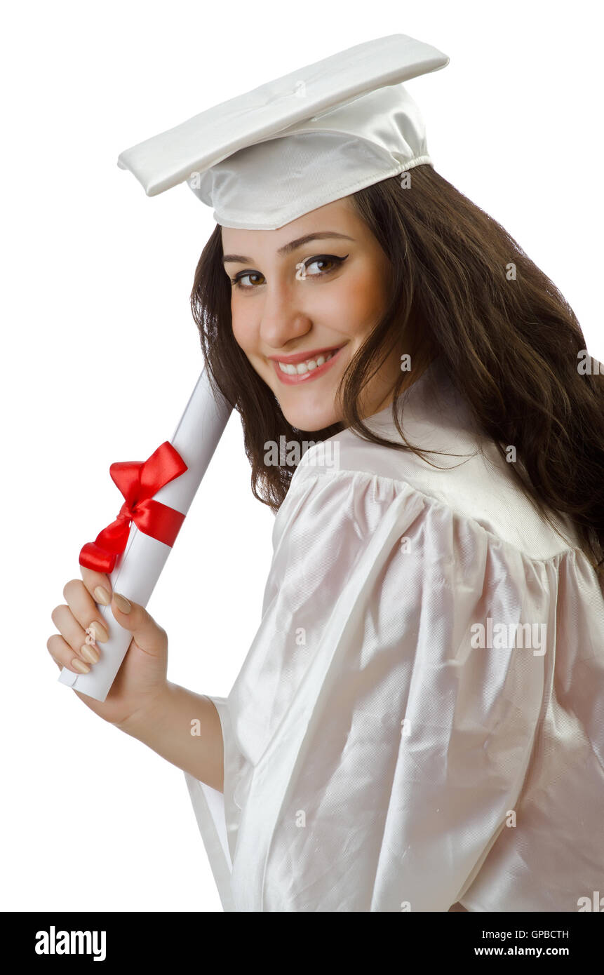 Happy student celebrating graduation on white Stock Photo - Alamy