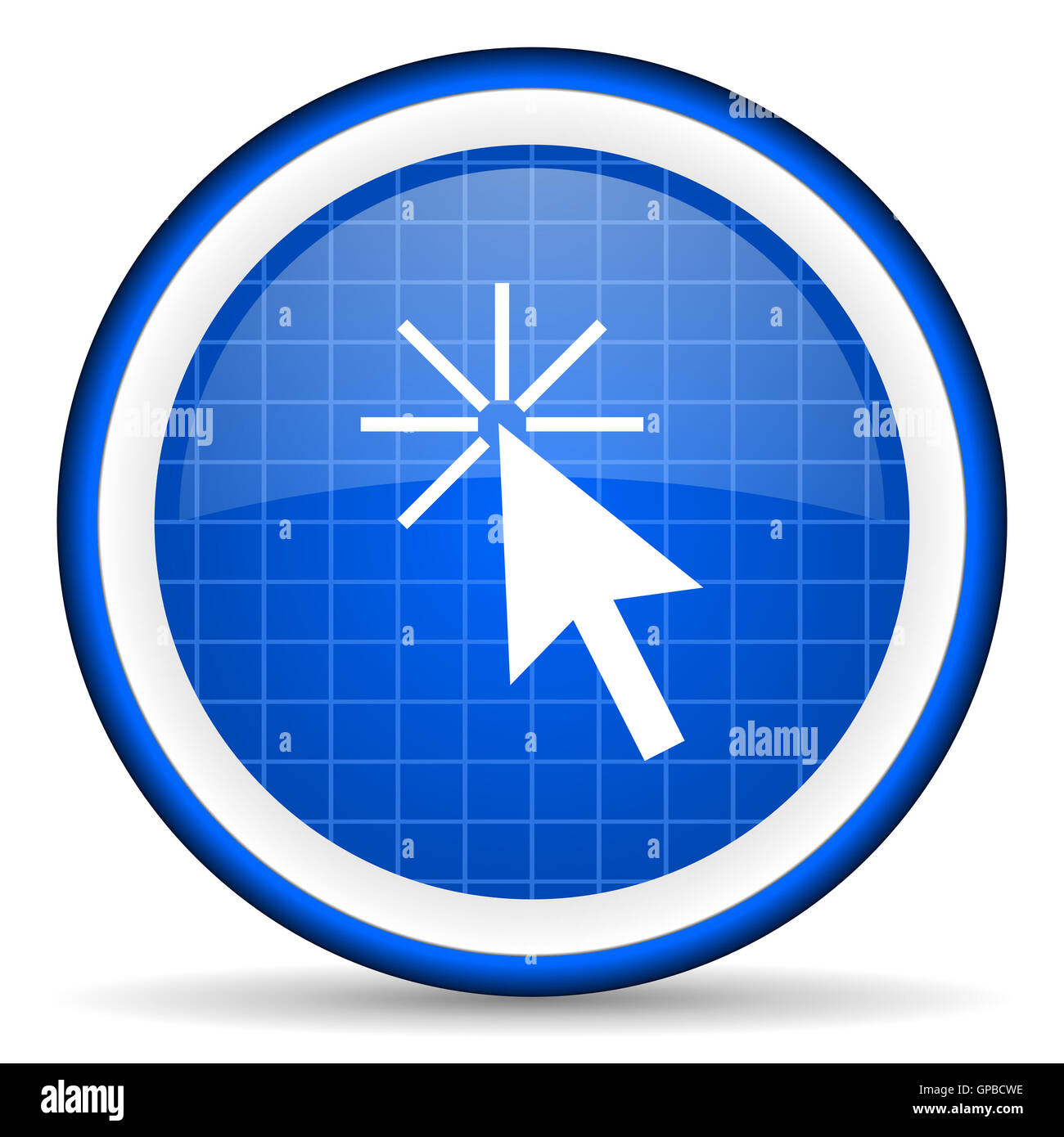 click here blue glossy icon on white background Stock Photo - Alamy