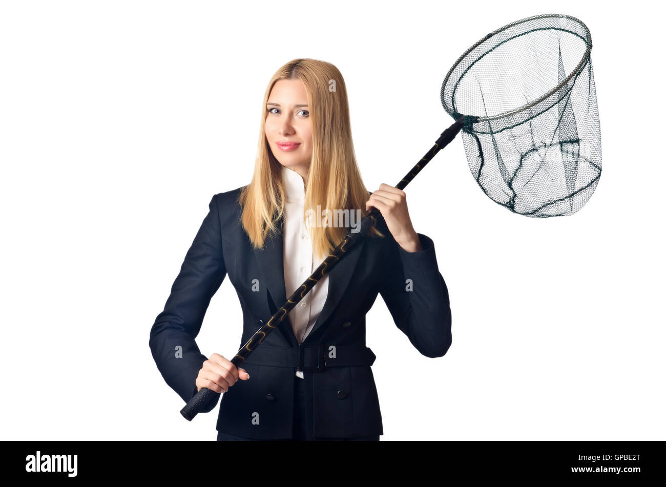 Woman with net isolated on white Stock Photo - Alamy
