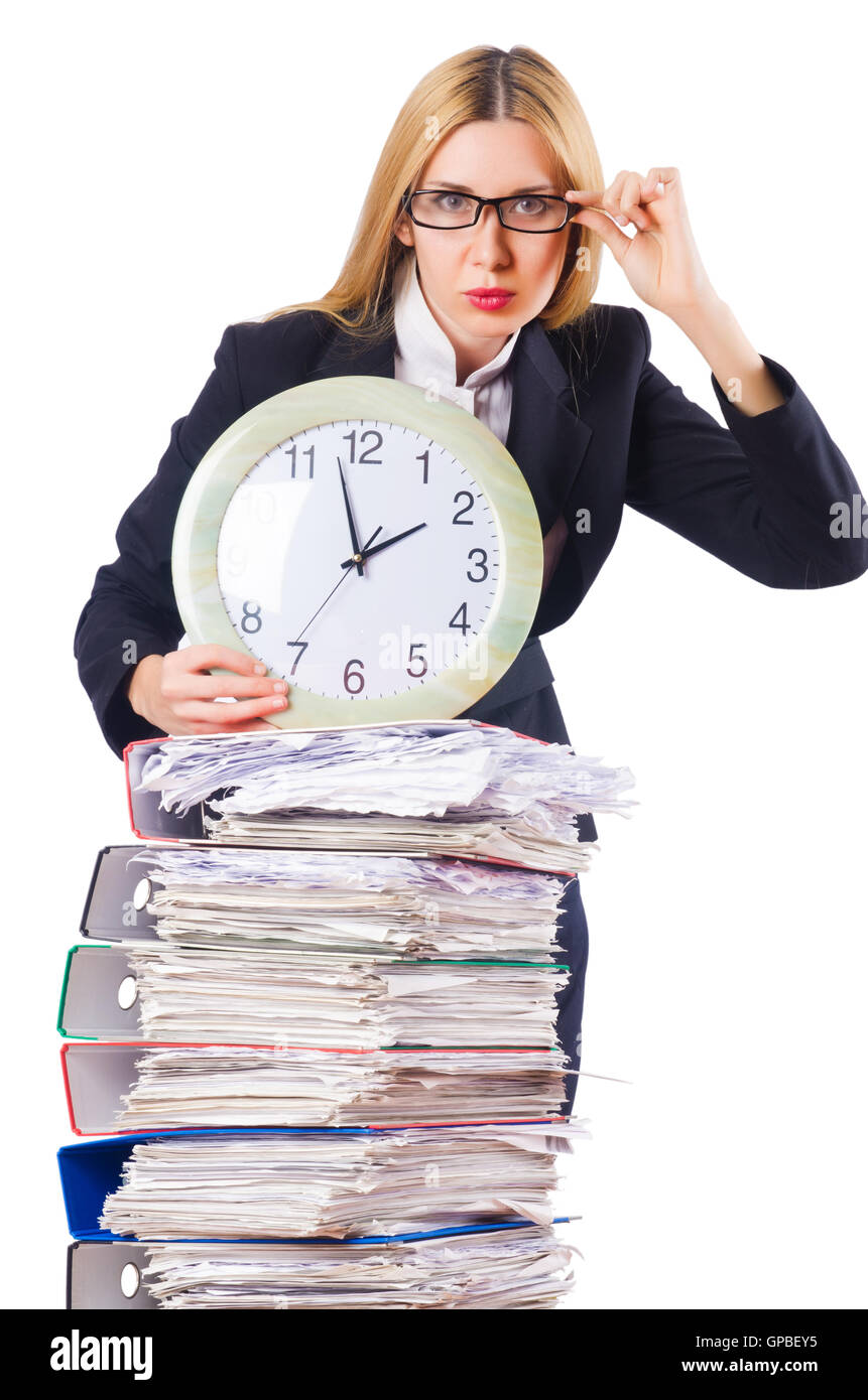 Busy woman with clock on white Stock Photo - Alamy