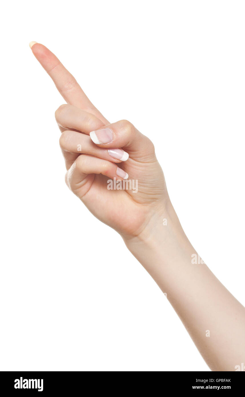 Woman hand pointing up Stock Photo - Alamy