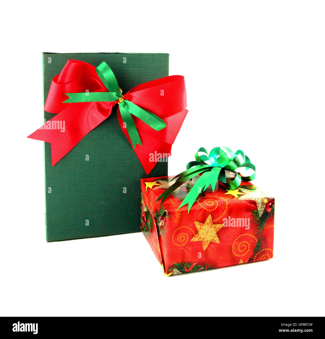 red and green gift box with ribbon on white background Stock Photo - Alamy
