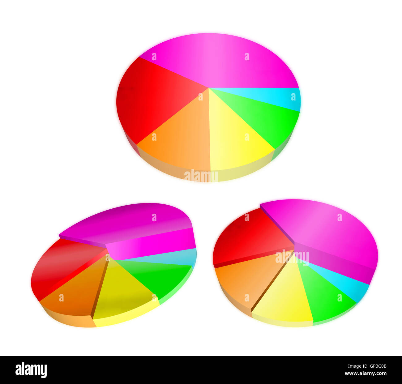 Three 3d pie graph with different colored segments Stock Photo - Alamy
