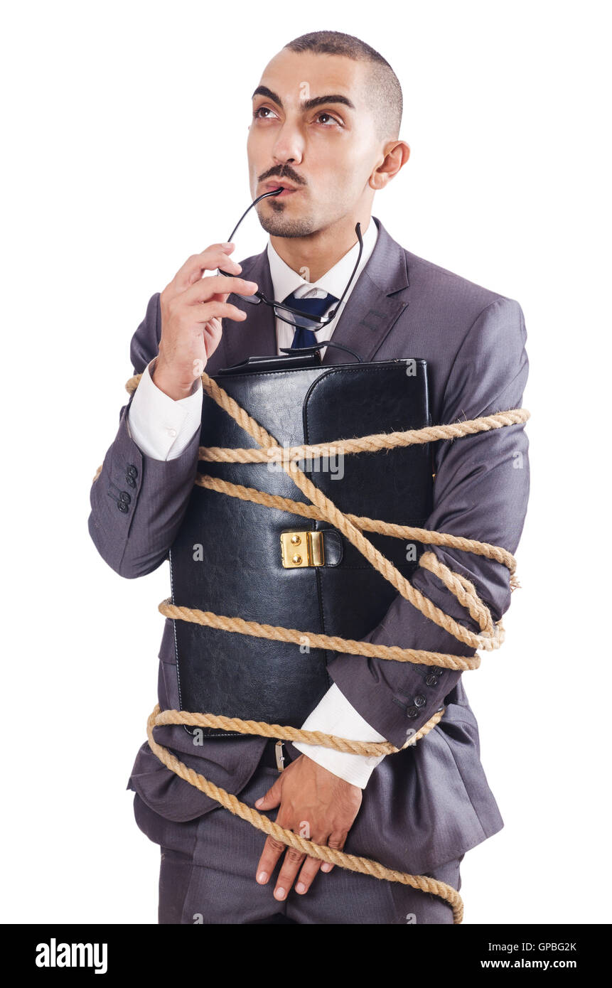 Businessman tied up with rope Stock Photo - Alamy