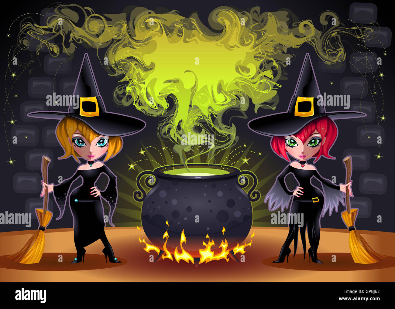 Funny witches with pot. Funny witches with pot Stock Photo - Alamy
