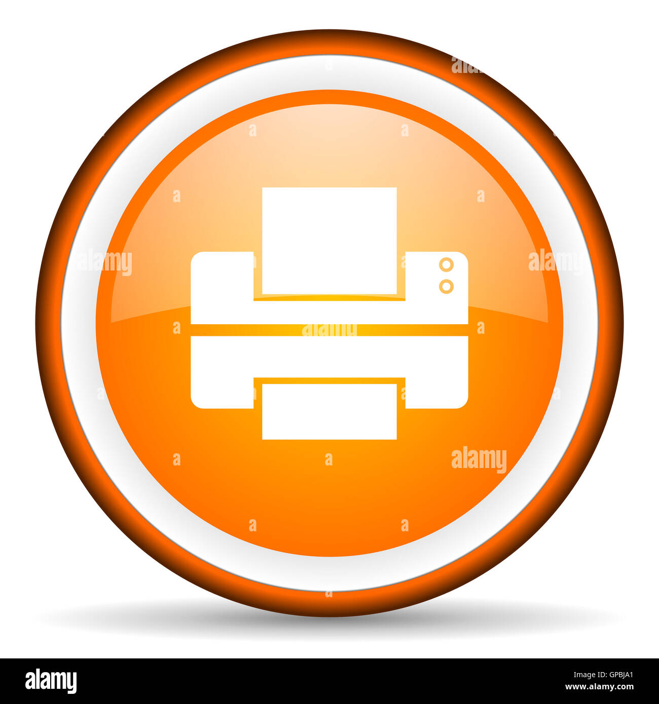 printer orange glossy circle icon on white background Stock Photo - Alamy