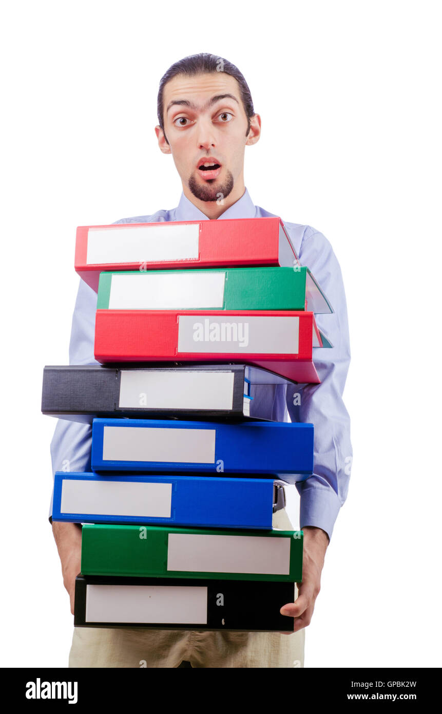 Businessman with lots of folders isolated on white Stock Photo - Alamy