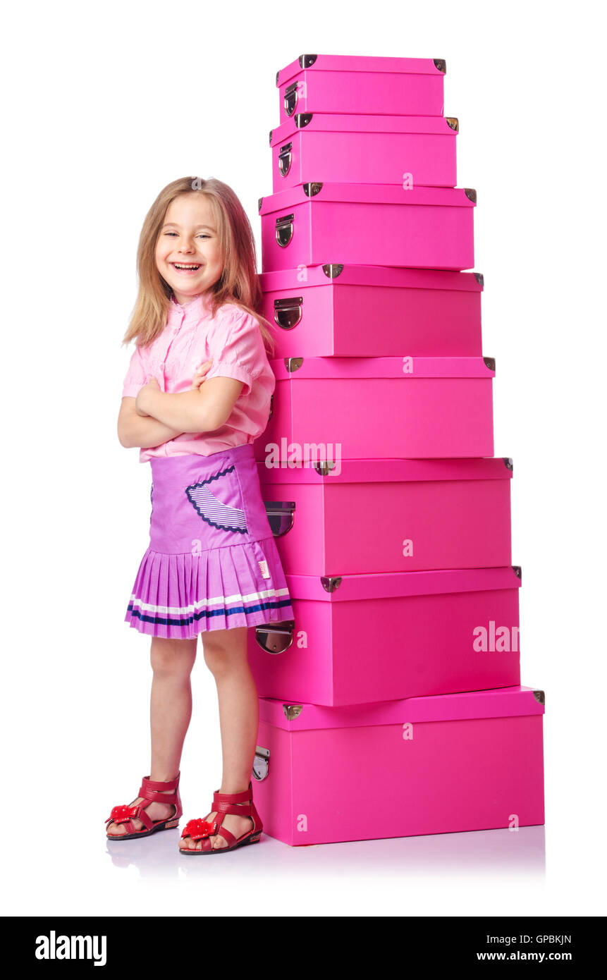 Little cute girl with lots of boxes Stock Photo - Alamy