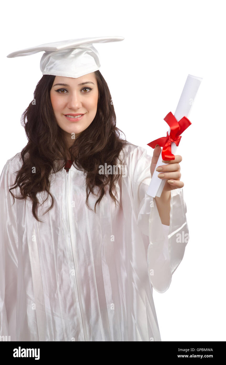 Happy graduate on white background Stock Photo - Alamy