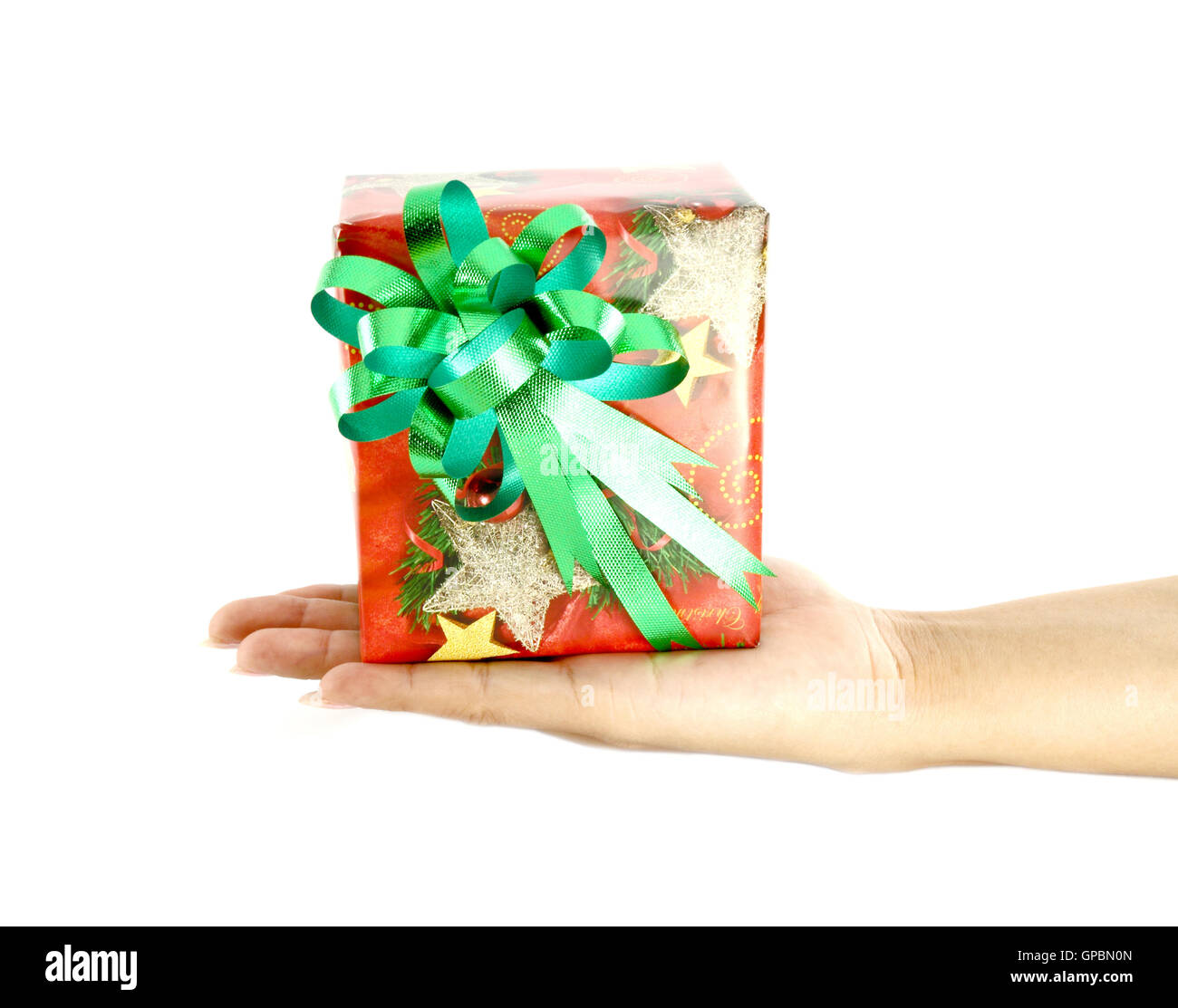 hand and gift over white background Stock Photo - Alamy