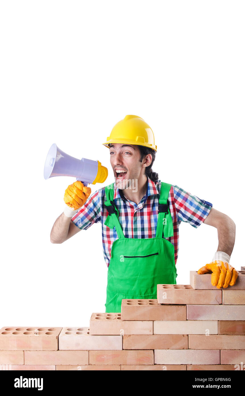 Builder with hard hat on white Stock Photo - Alamy