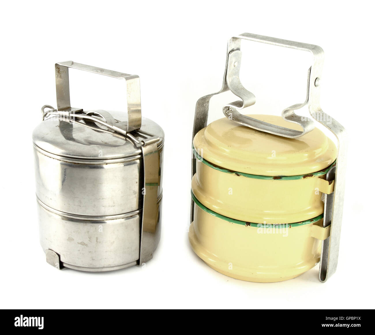Metal and silver tiffin, food container on white background Stock Photo ...