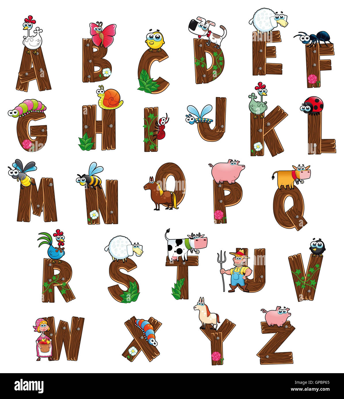 Alphabet with animals and farmers Stock Photo - Alamy
