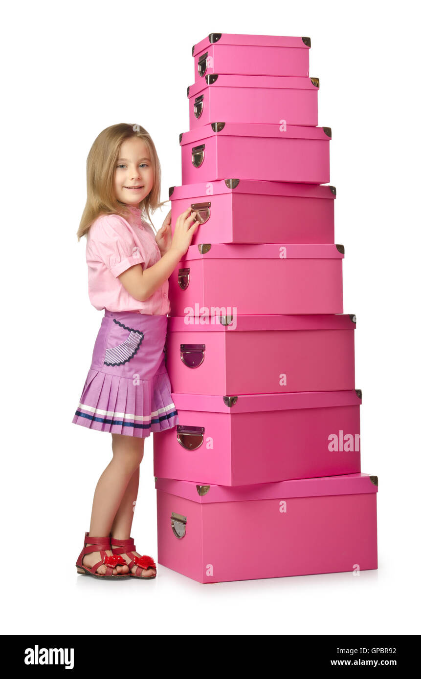 Little cute girl with lots of boxes Stock Photo - Alamy