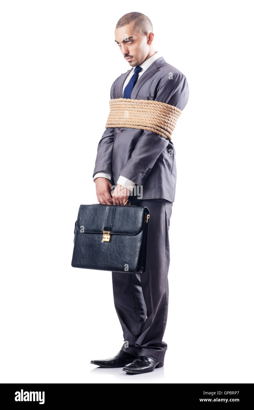 Man tied up with rope on white Stock Photo - Alamy
