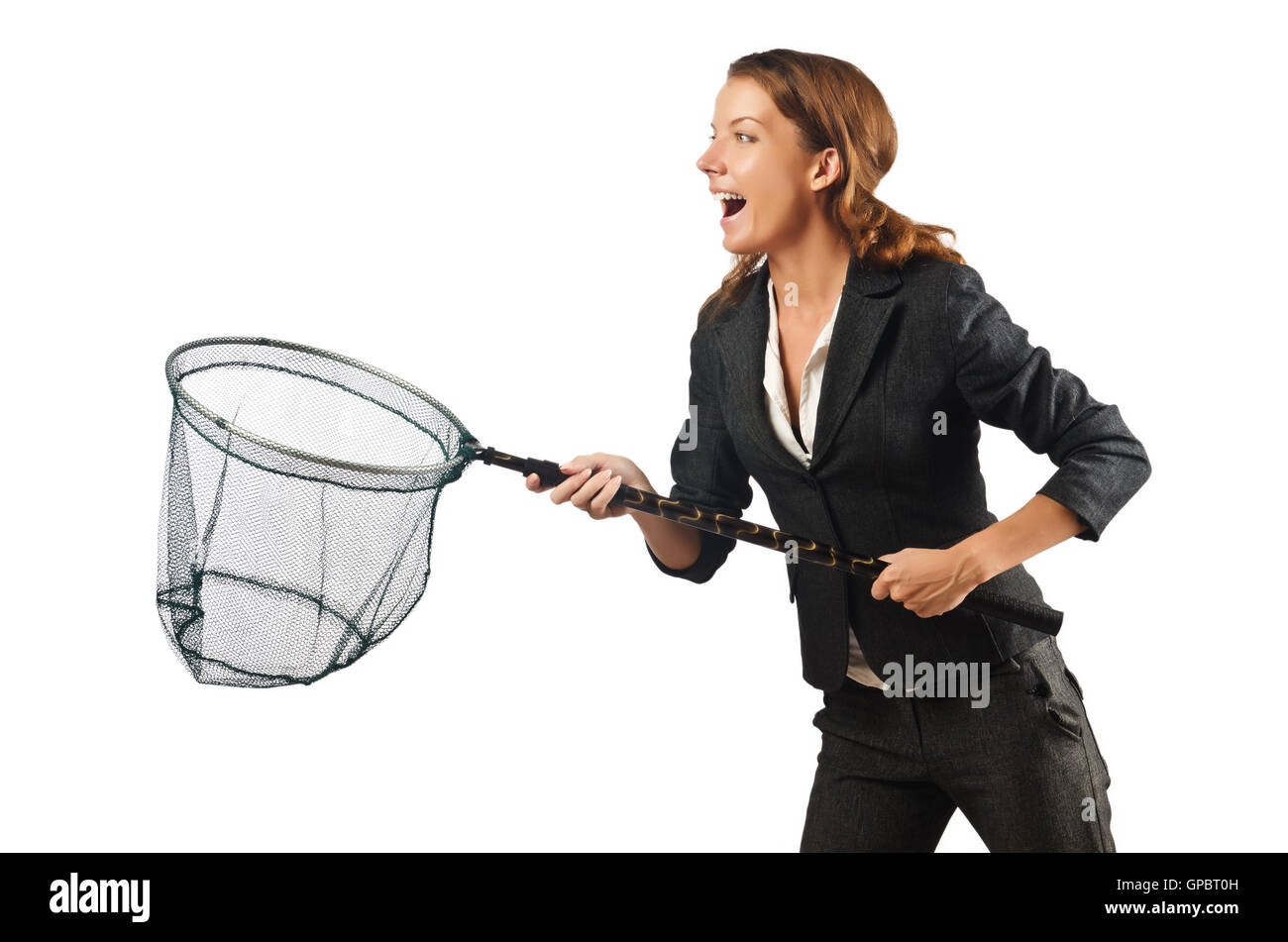 Woman with net isolated on white Stock Photo - Alamy