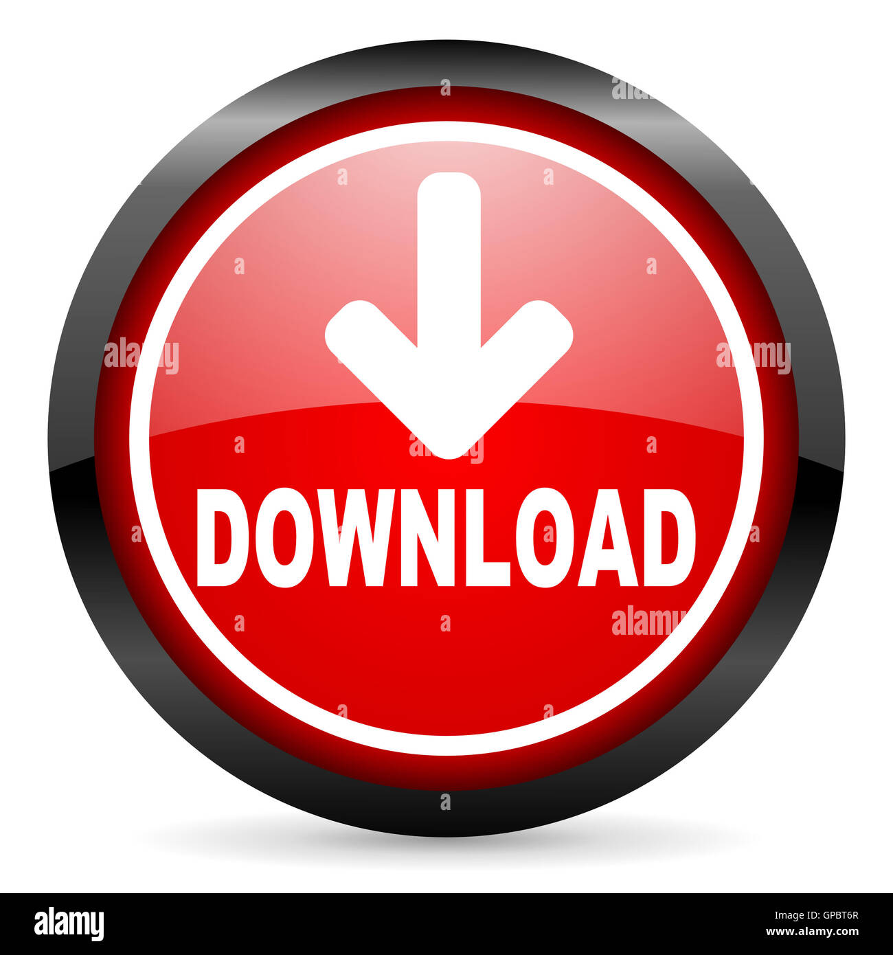 download round red glossy icon on white background Stock Photo - Alamy
