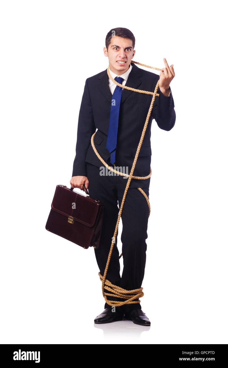 Businessman tied up with rope on white Stock Photo - Alamy