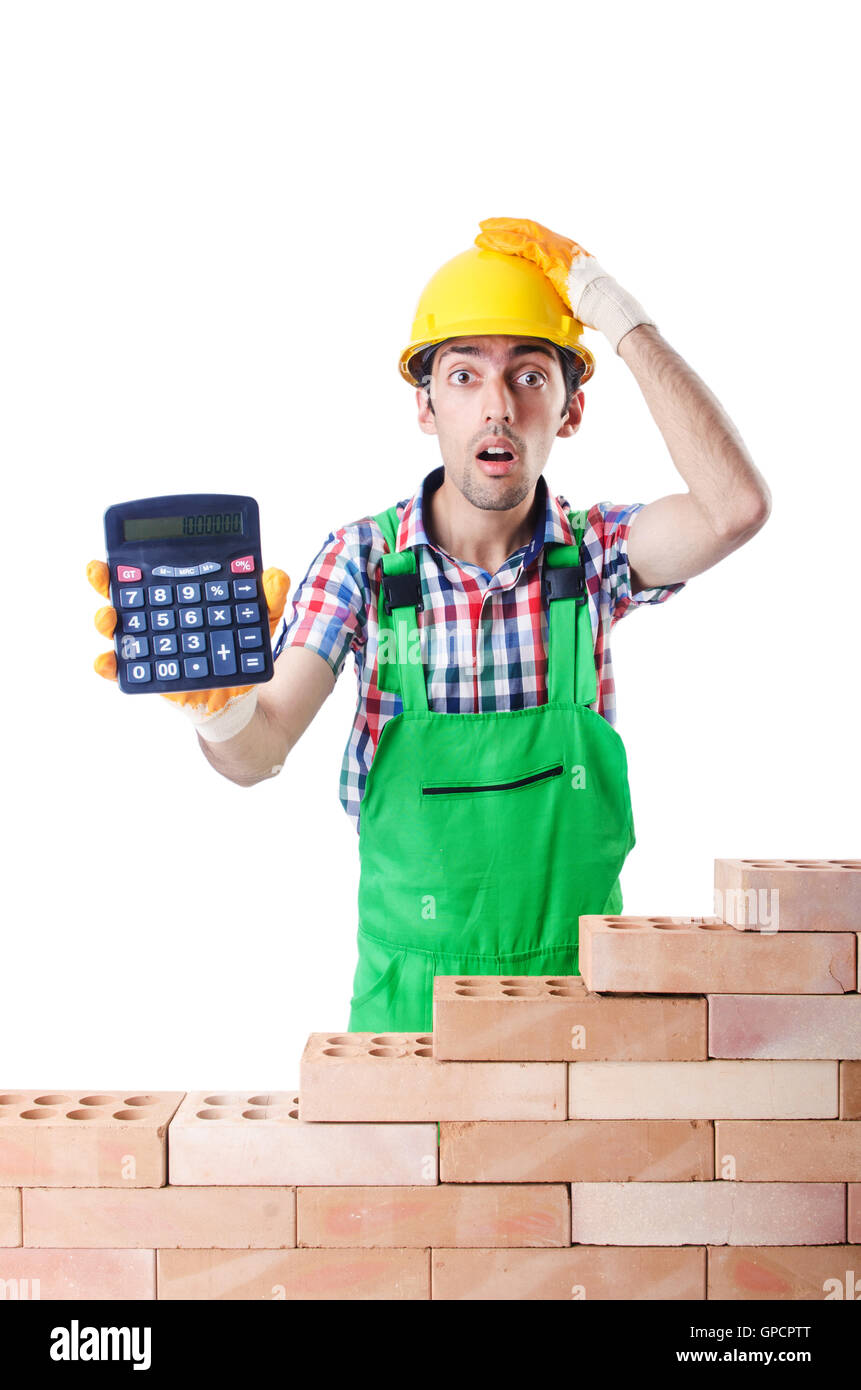 Expensive construction concept with builder and calculator Stock Photo ...