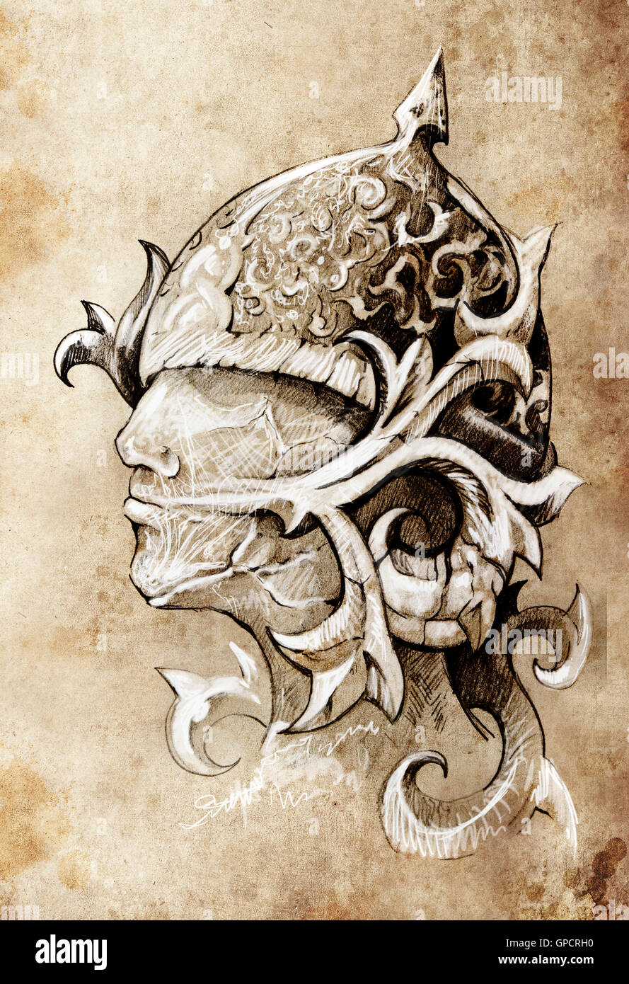 Sketch of tattoo art, warrior, hand made Stock Photo - Alamy