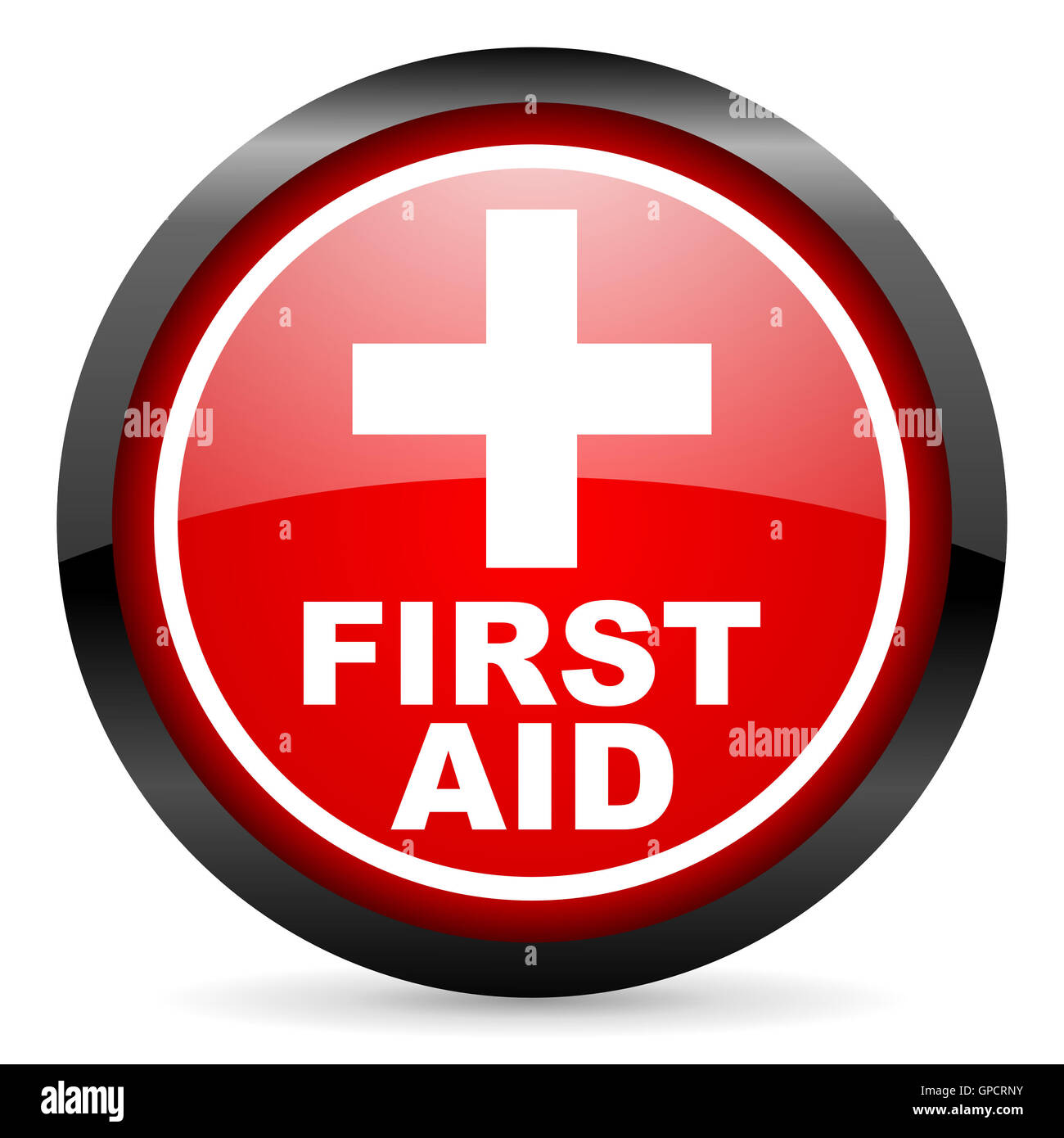 first aid round red glossy icon on white background Stock Photo - Alamy