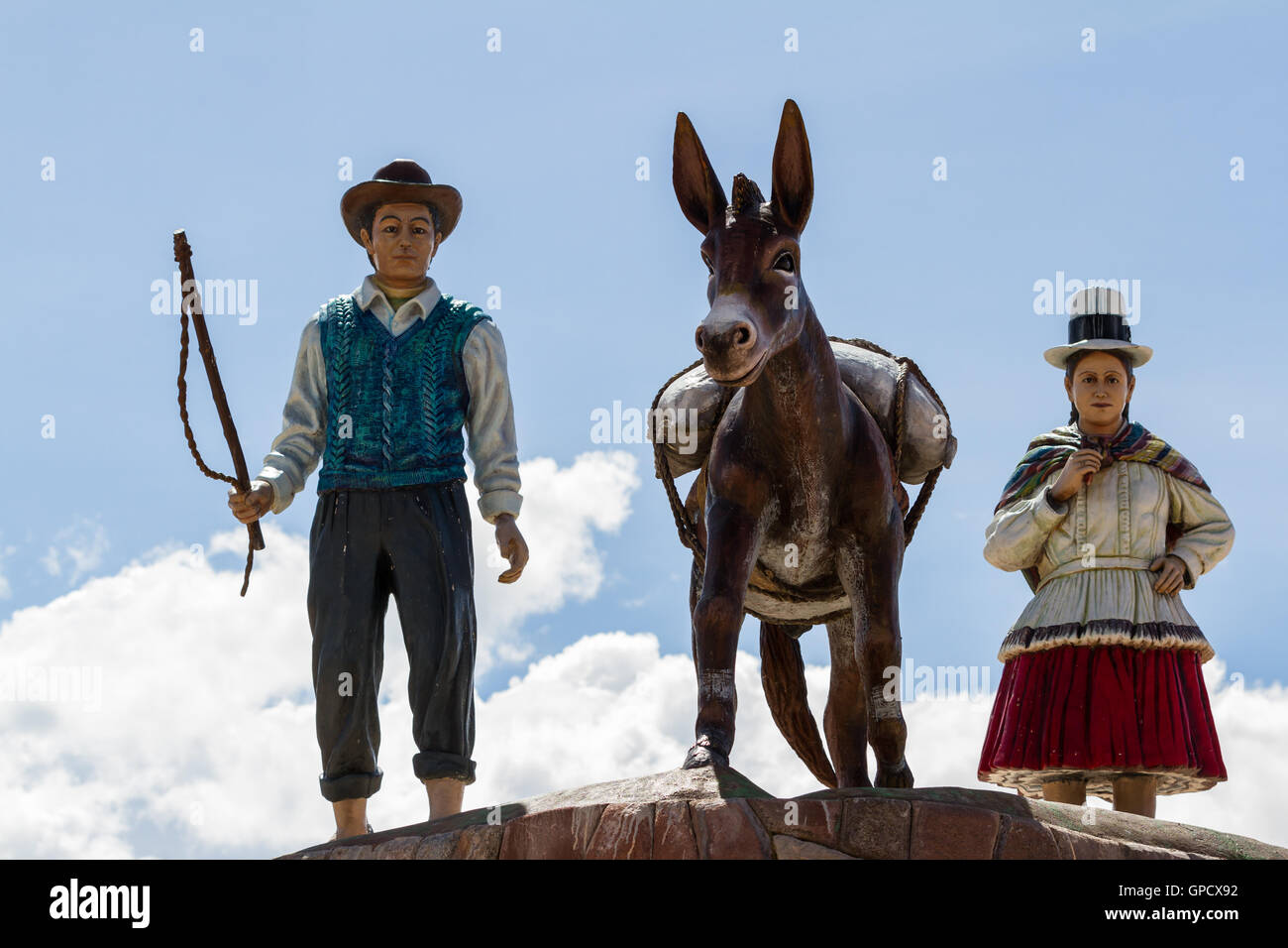 Maras Peru -May 18 : Statue in the downtown square of the city of Maras ...