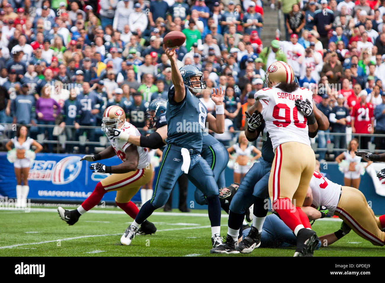 September 12, 2010; Seattle, WA, USA; Seattle Seahawks quarterback Matt Hasselbeck (8) throws an ...