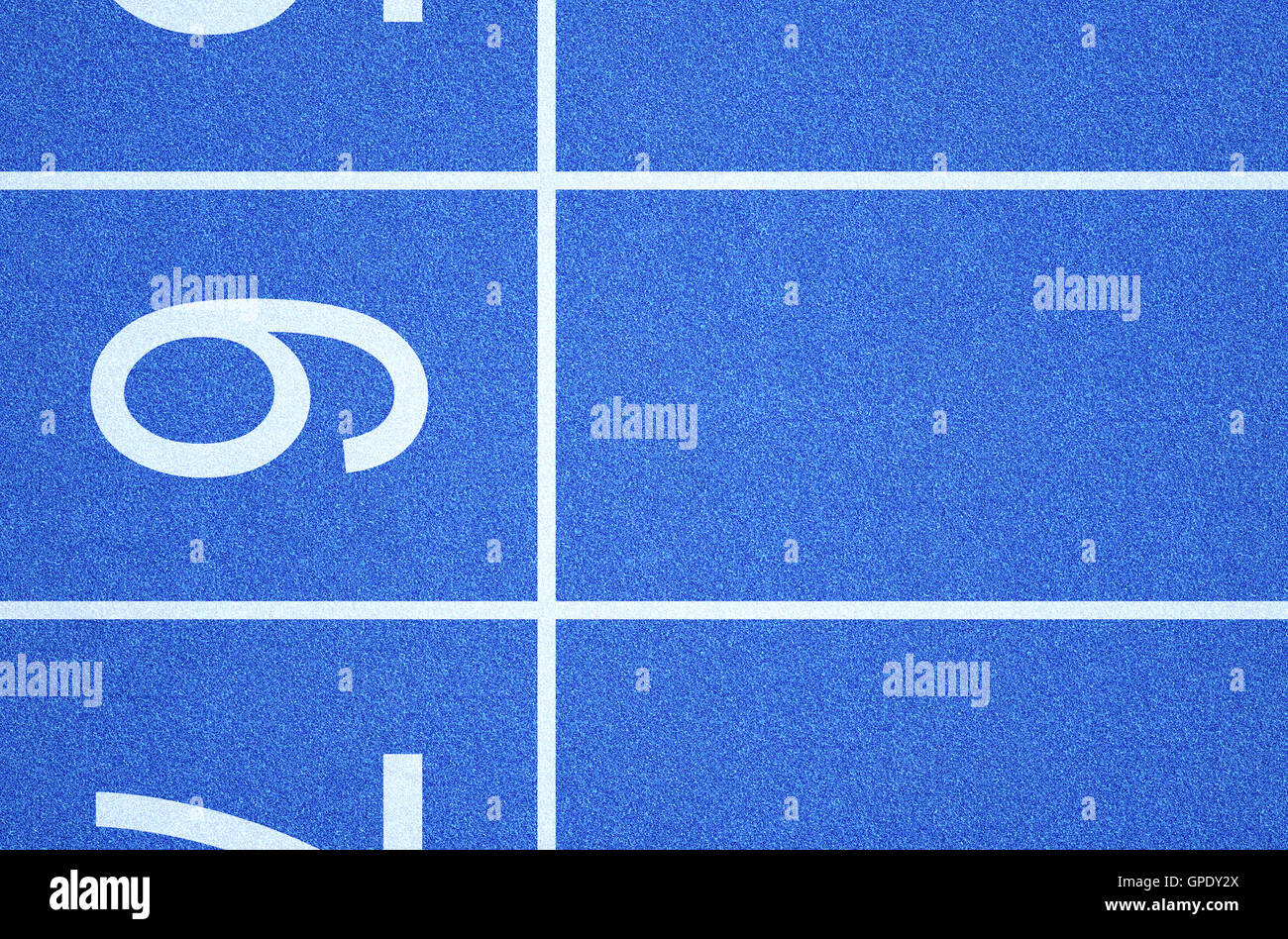 A 3D render of a section of the start line of an blue athletics track ...