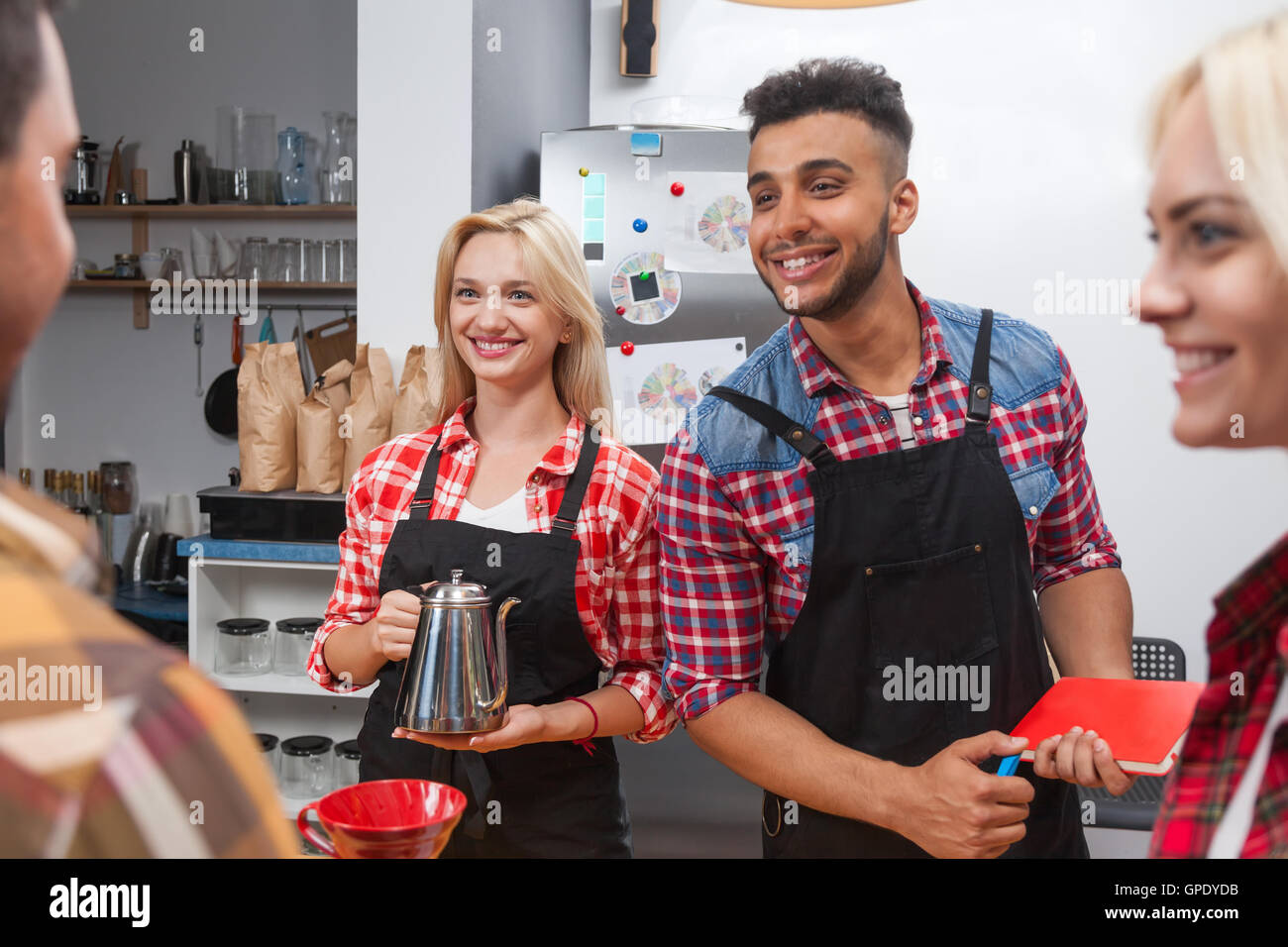 Barista serving clients give cup tea coffee shop bar counter Stock ...