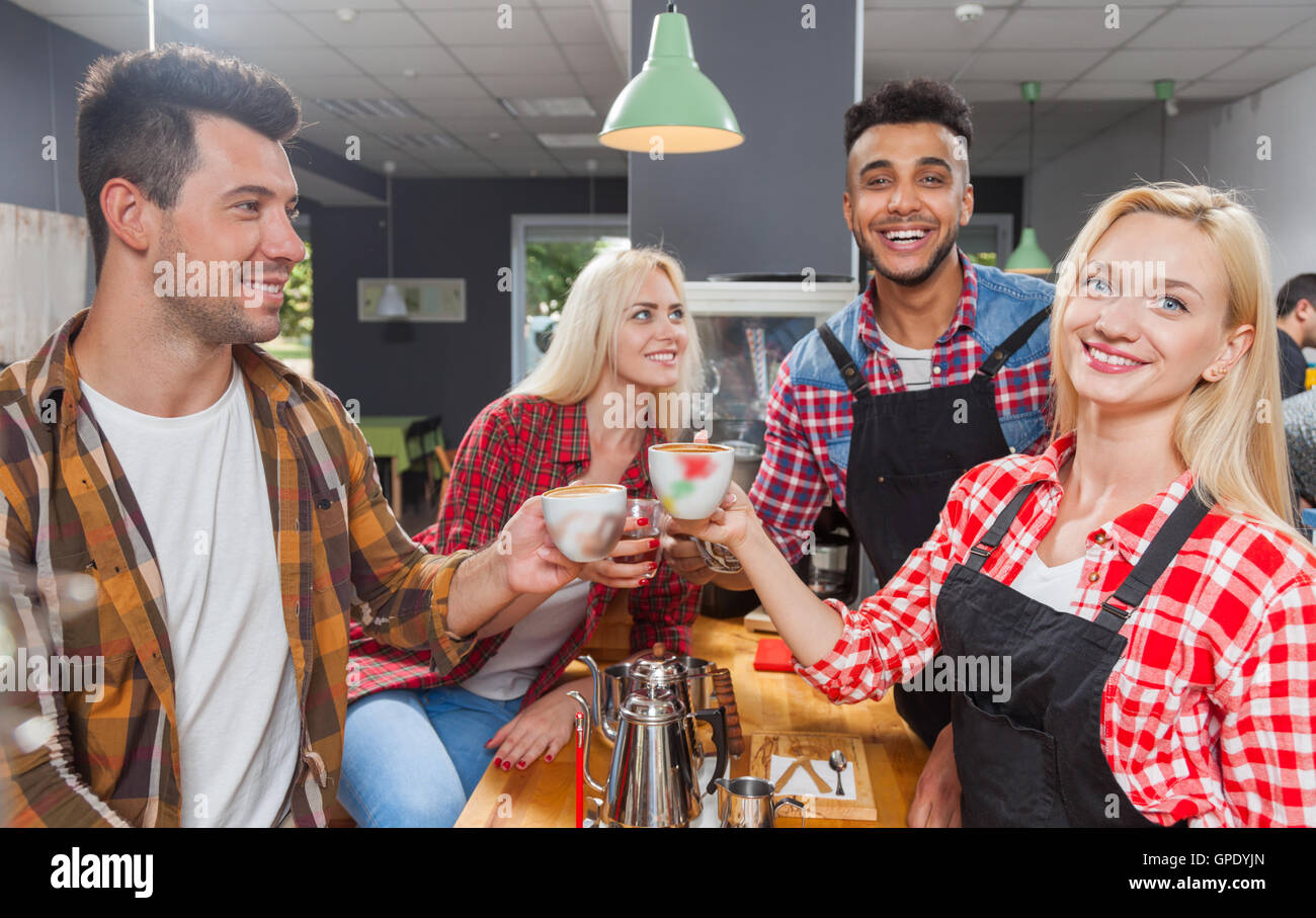 Barista serving clients give cup tea coffee shop bar counter Stock ...