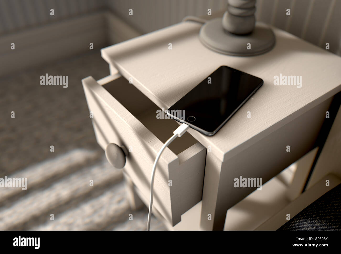 A 3D render of a bedroom with a side table next to a bed and a ...