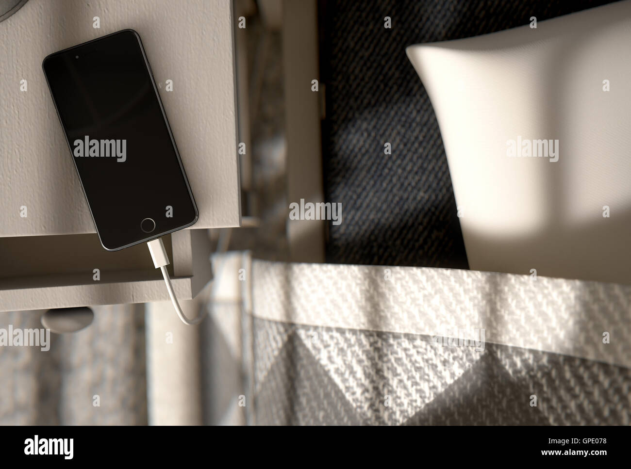 A 3D render of a bedroom with a side table next to a bed and a ...