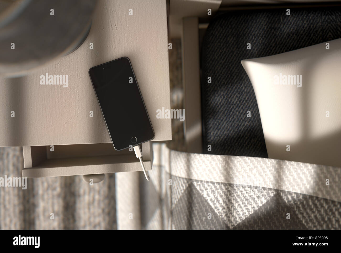 A 3D render of a bedroom with a side table next to a bed and a ...