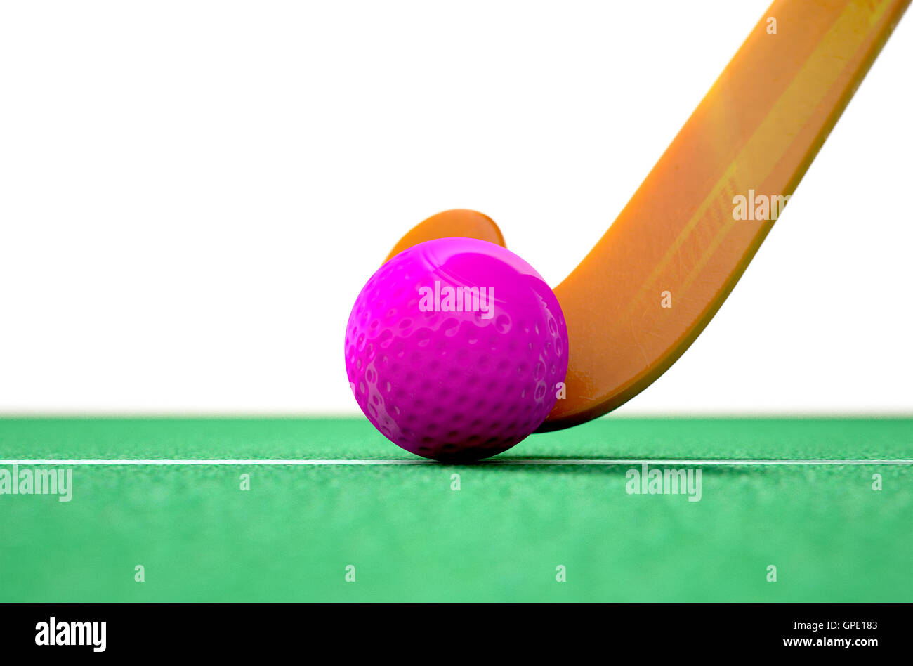 A 3D rendering of a hockey stick and ball on green astro turf in the ...