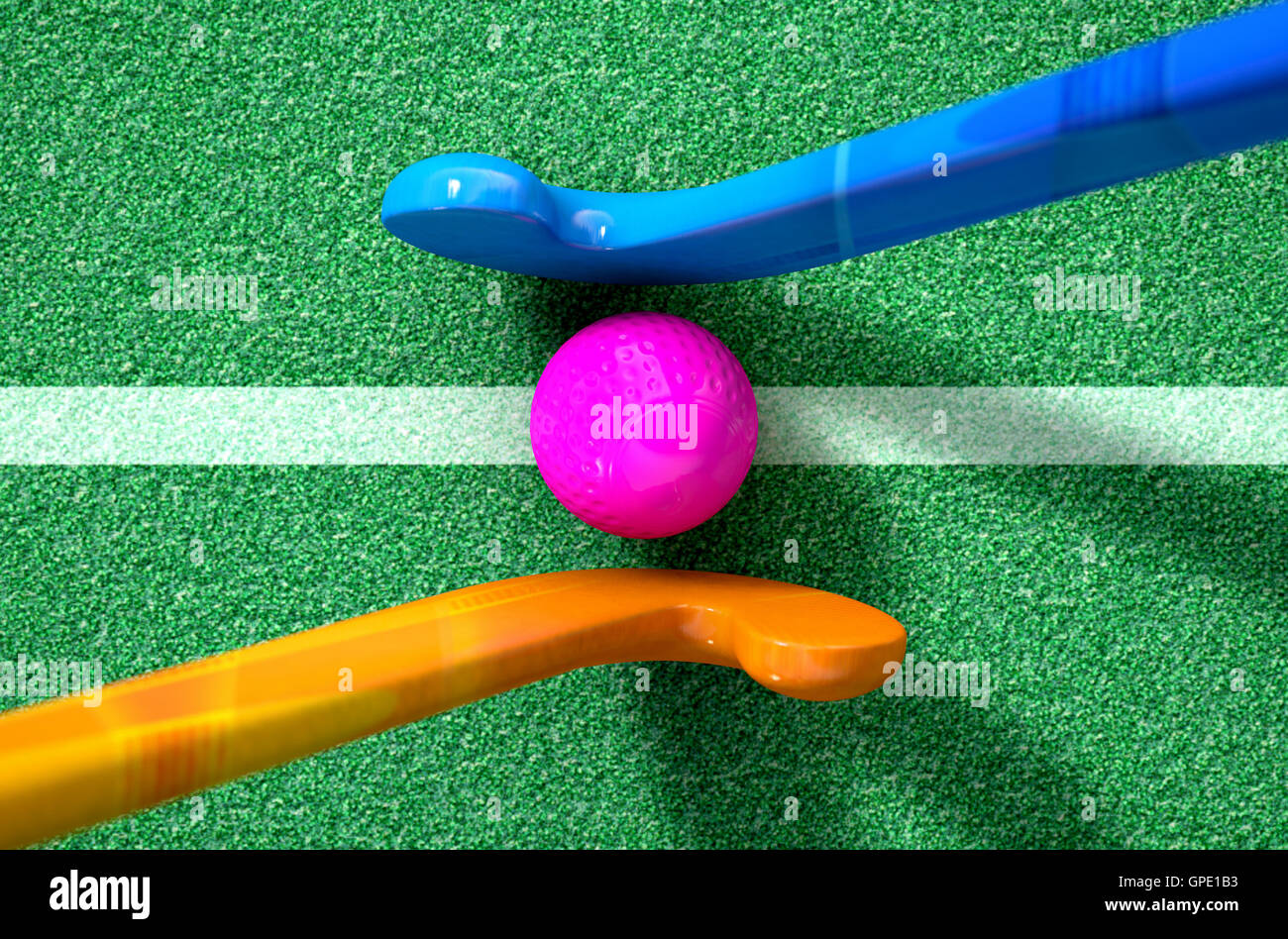 A 3D rendering of two hockey sticks standing opposite each other over a ...