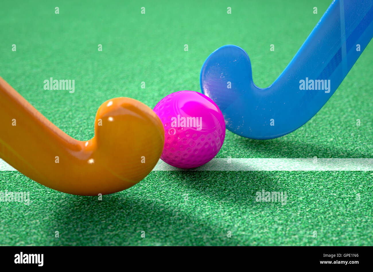 A 3D rendering of two hockey sticks standing opposite each other over a ...