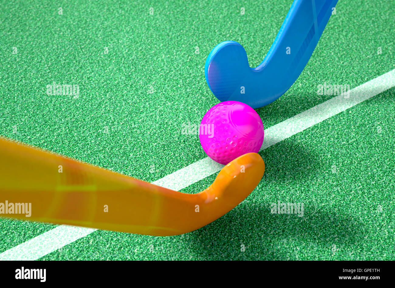 A 3D rendering of two hockey sticks standing opposite each other over a ...
