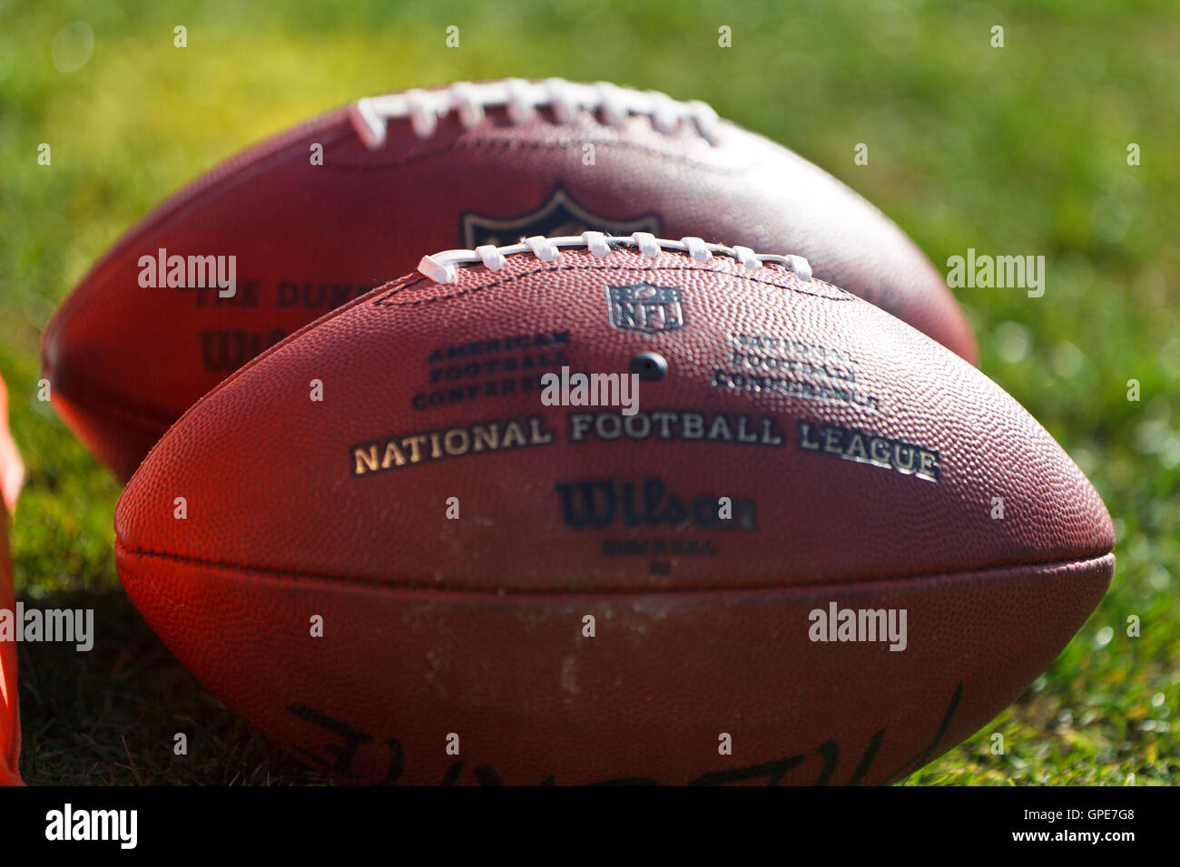 Jan 1, 2012; Oakland, CA, USA; Detailed view of two NFL footballs on ...