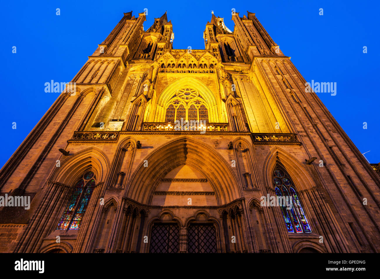 Coutances Cathedral at night. Coutances, Normandy, France Stock Photo ...
