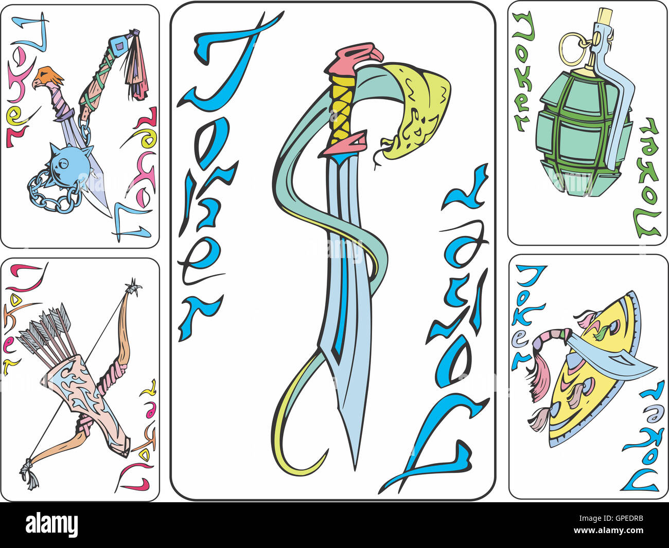 Set of playing joker cards with weapon. Vector illustrations Stock ...