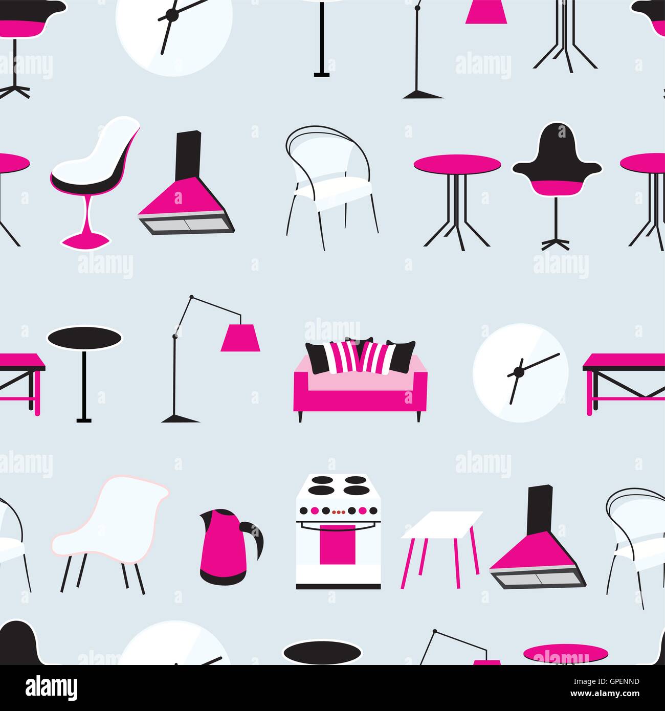Seamless graphic pattern of different furniture on a gray backgroun ...