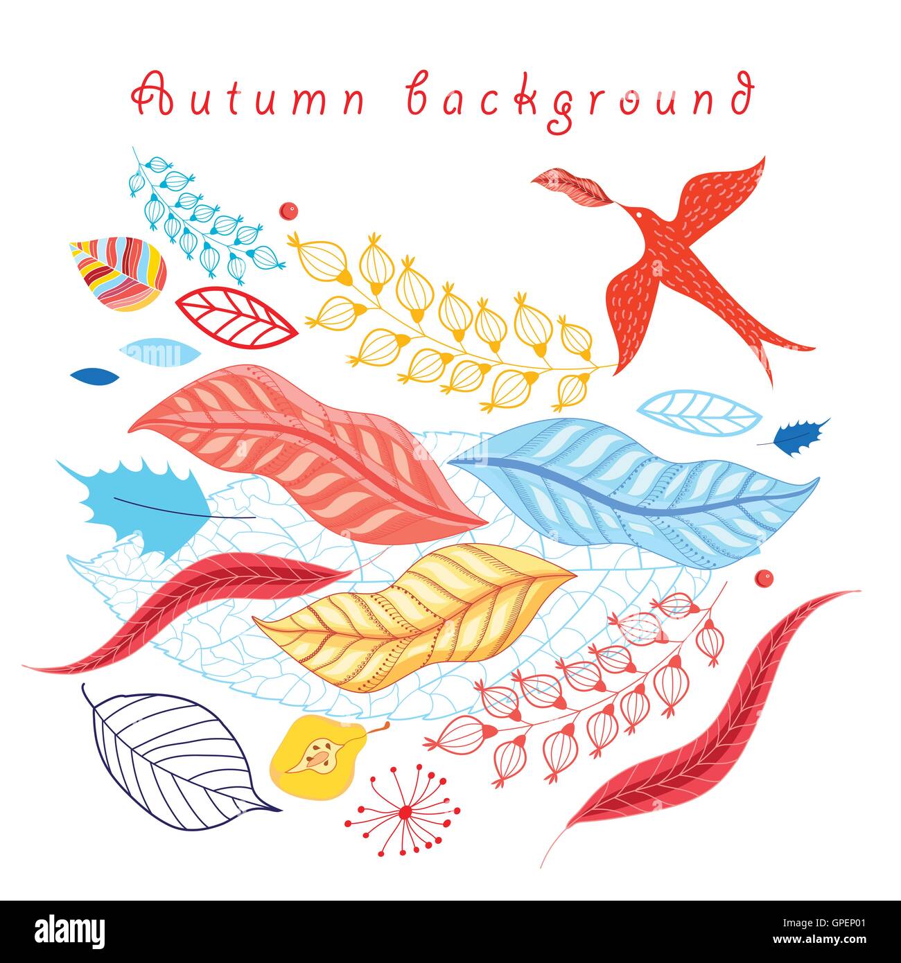 Autumn beautiful vector background of colorful leaves and bird Stock ...
